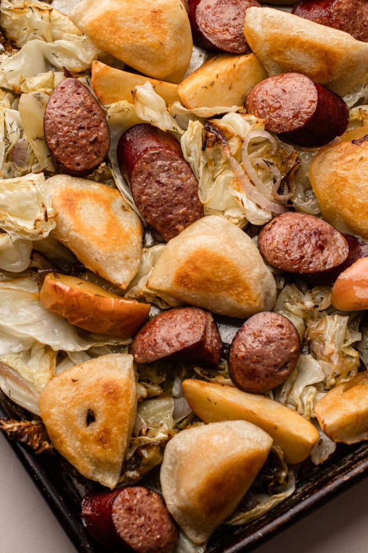 Sheet Pan Pierogies with Kielbasa and Cabbage - Everyday Family Eats